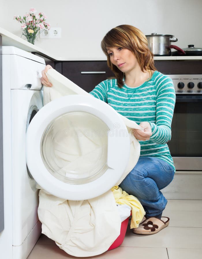 Unhappy Girl Using Washing Machine at Home Stock Image - Image of house ...
