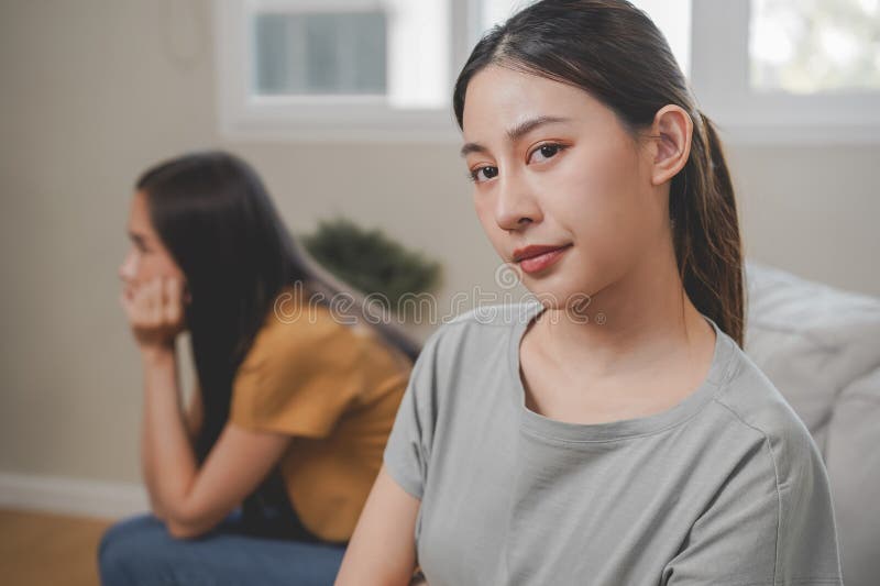 Unhappy Lesbian Lgbt Asian Young Two Women Girl Gay Couple Love