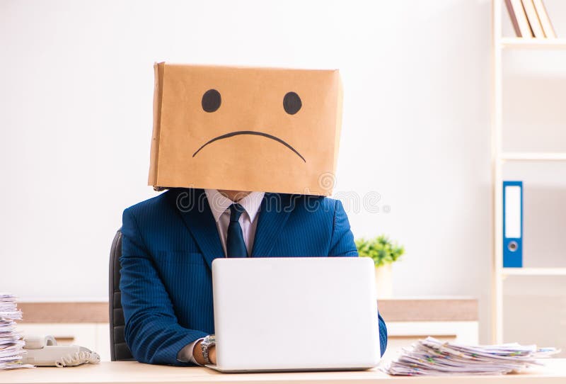 Unhappy Man Employee with Box instead of His Head Stock Photo - Image ...
