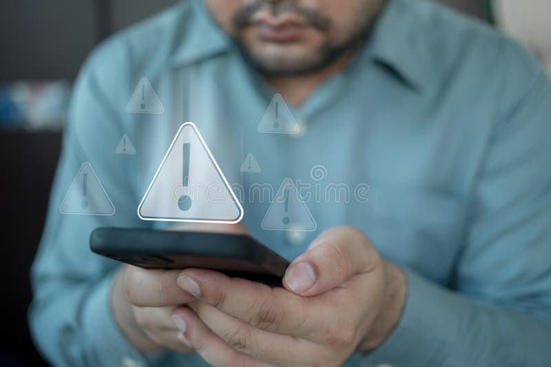 Unhappy Man See Warning Triangles Showing System Errors Warning Caution ...