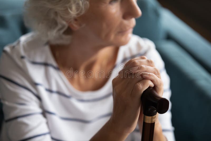Disabled Middle Aged Elder Woman Holding Wooden Stick Close Up Stock