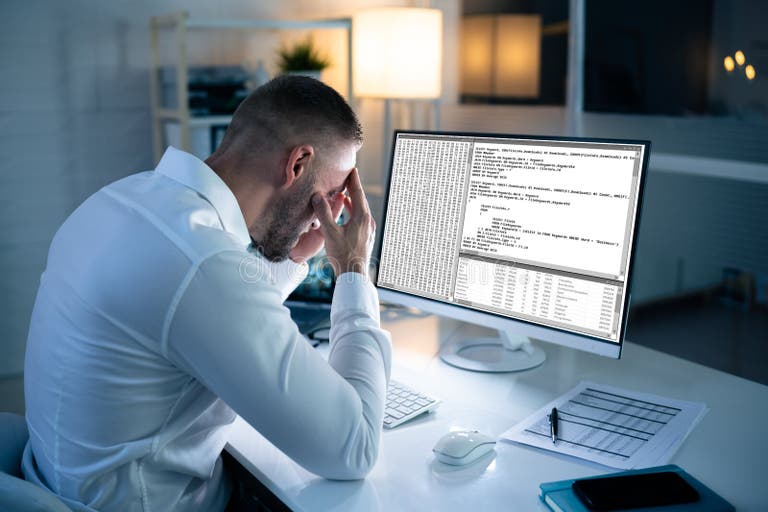 Unhappy Sad Developer Programmer Man in Stress Coding Software Stock ...