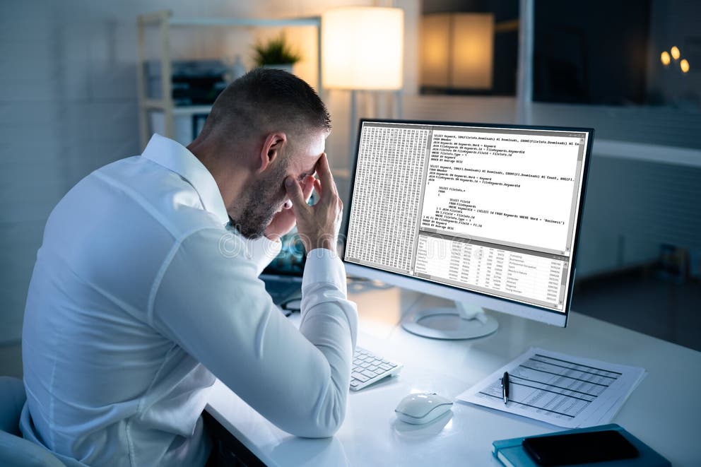 Unhappy Sad Developer Programmer Man in Stress Coding Software Stock ...