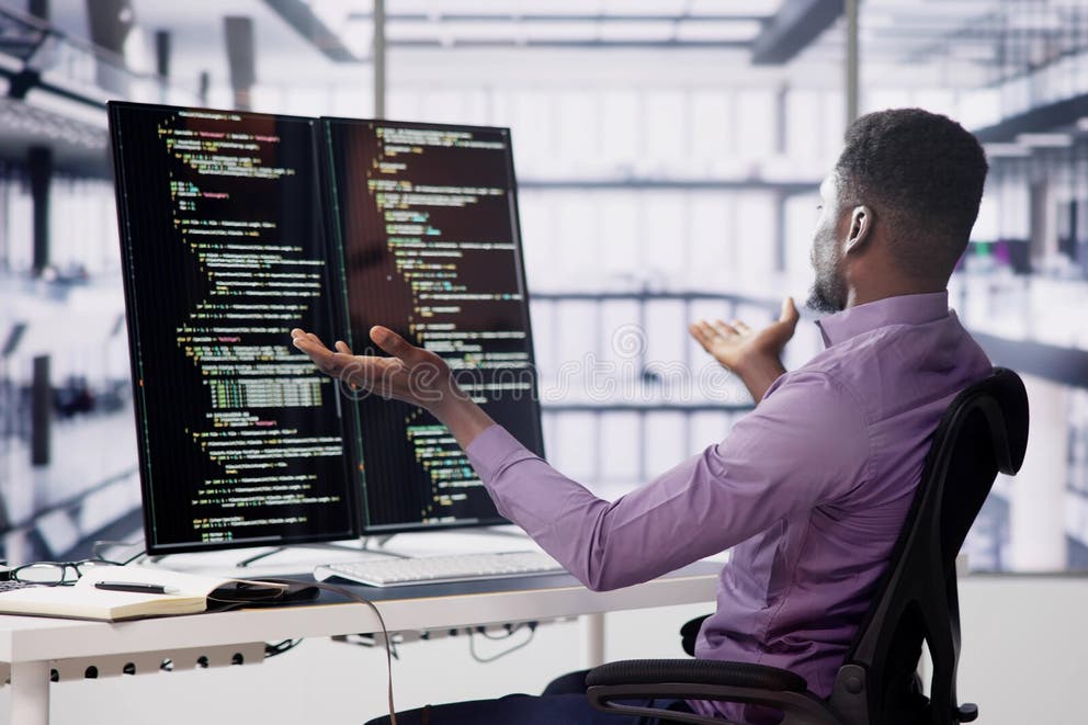 Unhappy Sad Developer Programmer Man in Stress Coding Software Stock ...