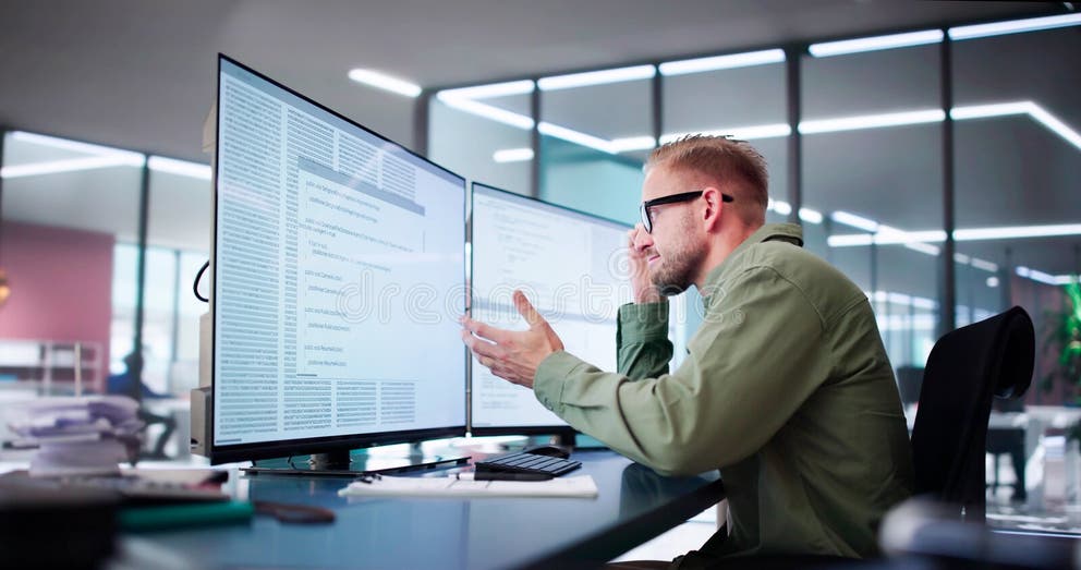 Unhappy Sad Developer Programmer Man in Stress Coding Software Stock ...