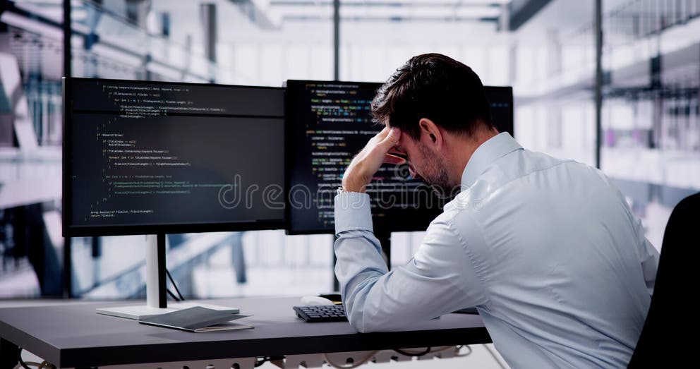 Unhappy Sad Developer Programmer Man in Stress Coding Software Stock ...