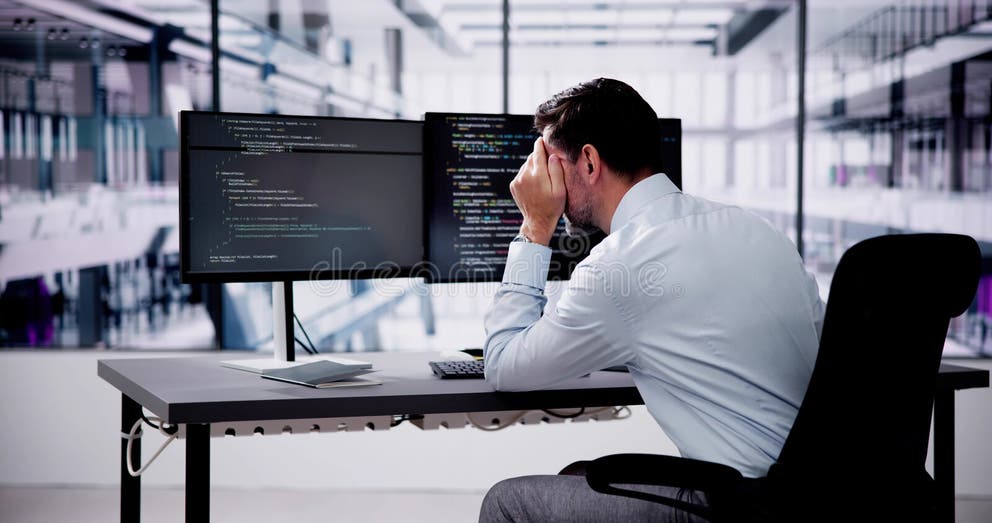 Unhappy Sad Developer Programmer Man in Stress Coding Software Stock ...