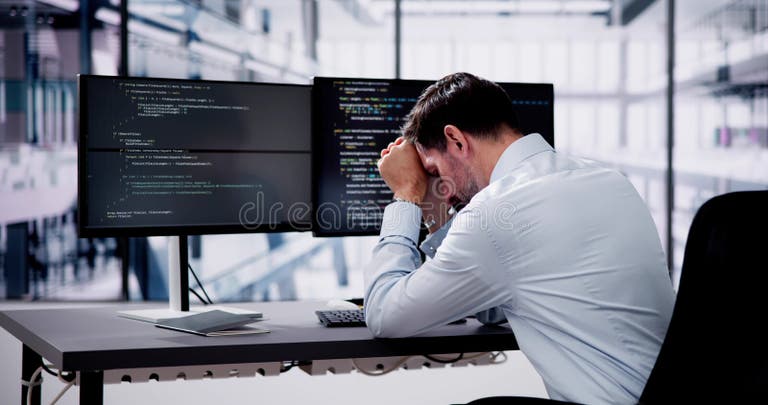 Unhappy Sad Developer Programmer Man in Stress Coding Software Stock ...