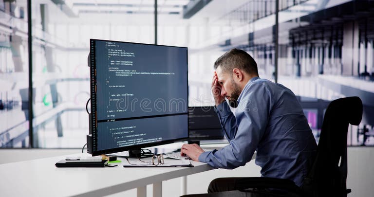 Unhappy Sad Developer Programmer Man in Stress Coding Software Stock ...