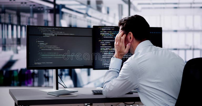 Unhappy Sad Developer Programmer Man in Stress Coding Software Stock ...