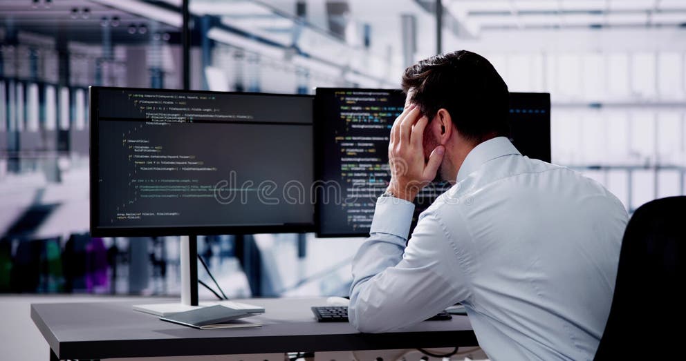 Unhappy Sad Developer Programmer Man in Stress Coding Software Stock ...