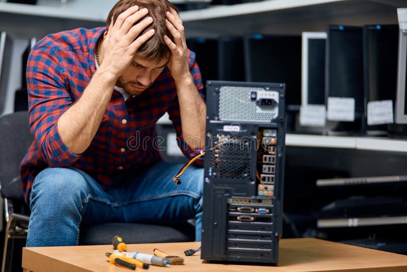 Unhappy Sad Man with Hands on His Head Has Broken a Computer Stock ...