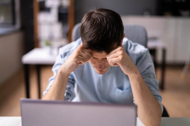 Unhappy Sad Man with Migraine Using Computer Stock Image - Image of ...