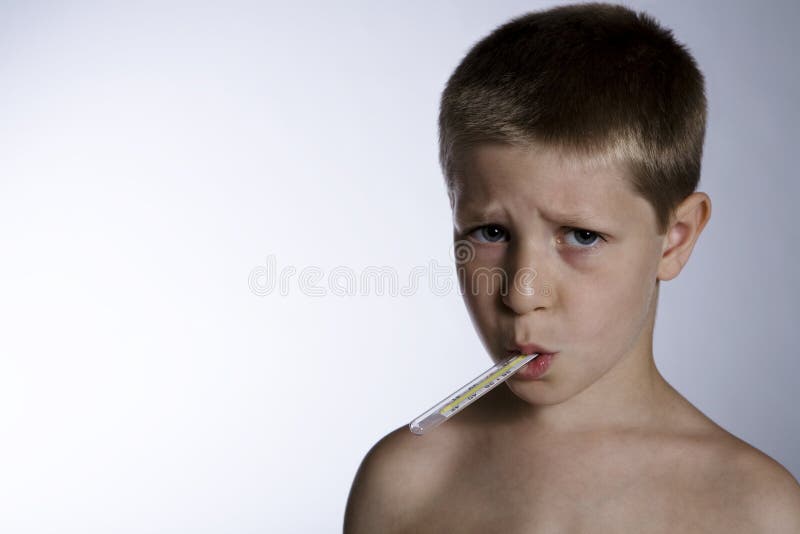 Unhappy Sick Child with Thermometer Stock Image - Image of health ...