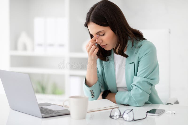 Unhappy Tired Millennial Caucasian Lady in Suit Rest at Workplace with ...