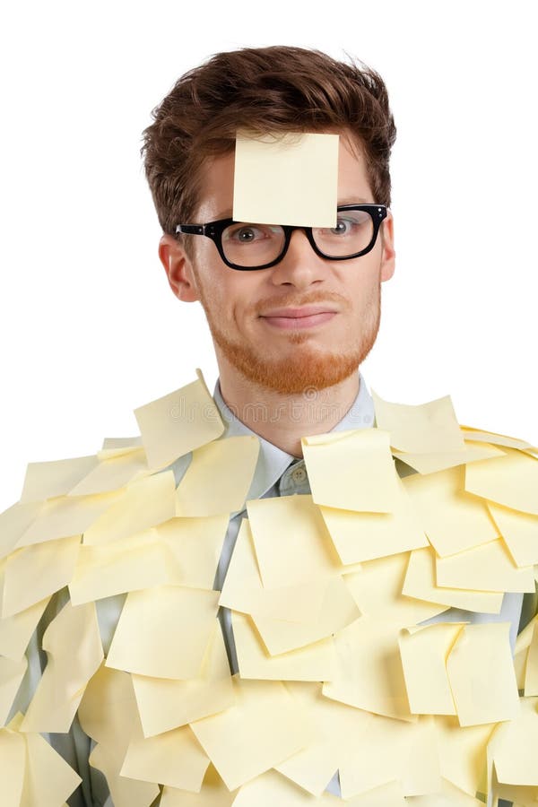 Young Man with a Sticky Note on His Face, Covered with Yellow Stickers ...