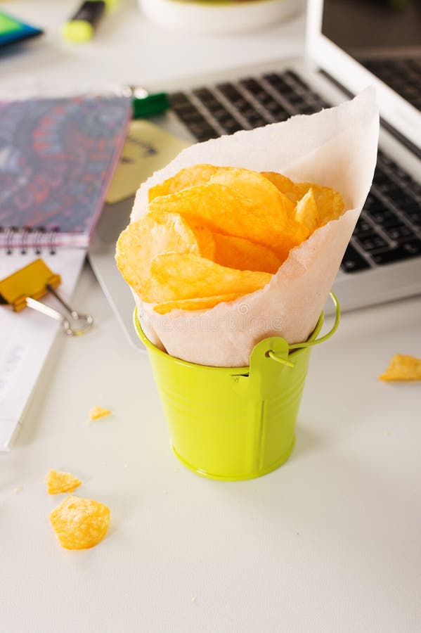 Unhealthy Chips for Snack at Work. Food in the Office Stock Image ...