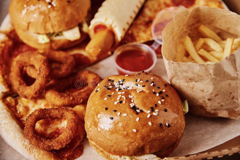 Unhealthy And Junk Food. Different Types Of Fastfood And Snacks On The ...