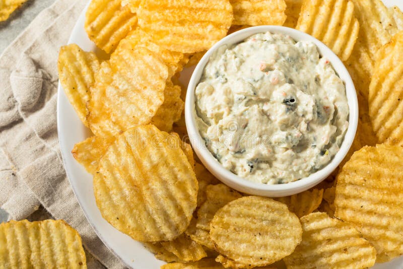 Unhealthy Potato Chips and Dip Appetizer Stock Photo - Image of sauce ...