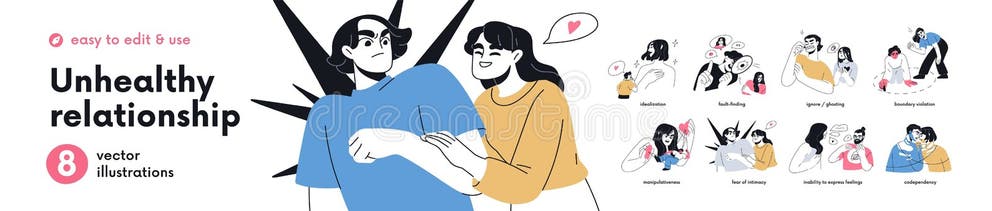 Unhealthy Relationship, Couple Problems Concept Set. Toxic Behavior, Boundary Trouble ...