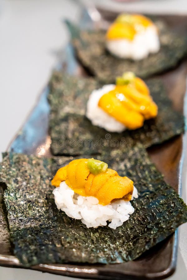 Uni Sushi or Egg Shells Sushi Stock Image - Image of background ...