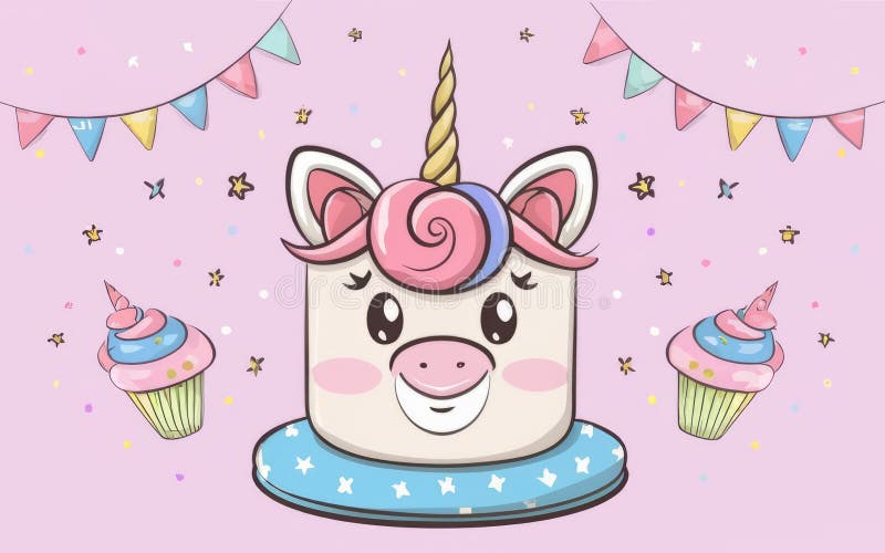 Unicon Birthday Cake Design Stock Illustration - Illustration of pink ...