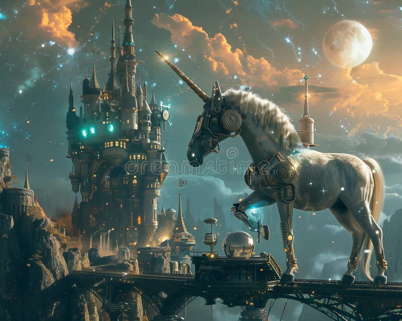 A Unicorn and an Android Wizard Standing beside a Time Machine in a ...