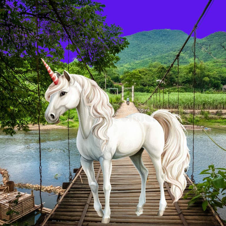 A unicorn on a bridge stock illustration. Illustration of stallion ...