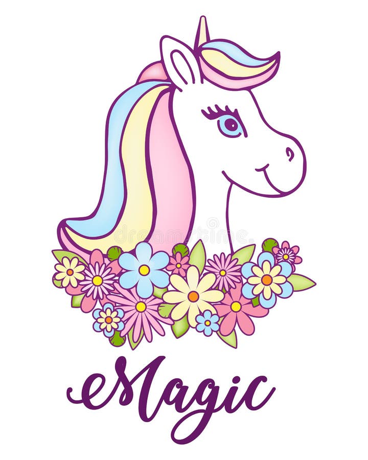 Unicorn with Cute Simple Flowers Hand Draw Stock Vector - Illustration ...
