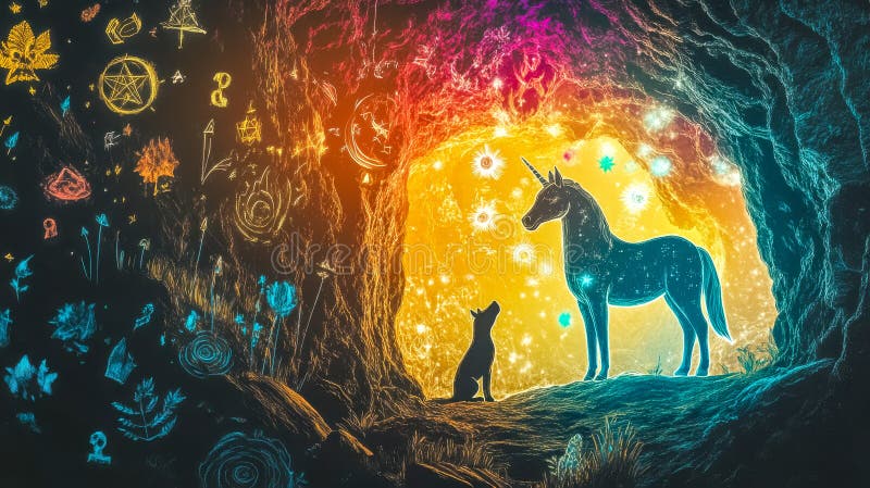 Unicorn and Dog Exploring Mystical Cave Painting, Crayon Drawing Stock ... Unicorn and Dog Exploring Mystical Cave Painting, Crayon Drawing Stock ...