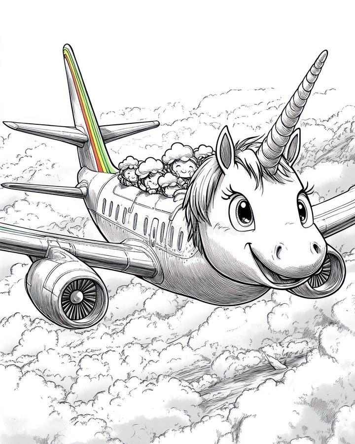 Unicorn Airplane Adventure through the Clouds Stock Illustration ...