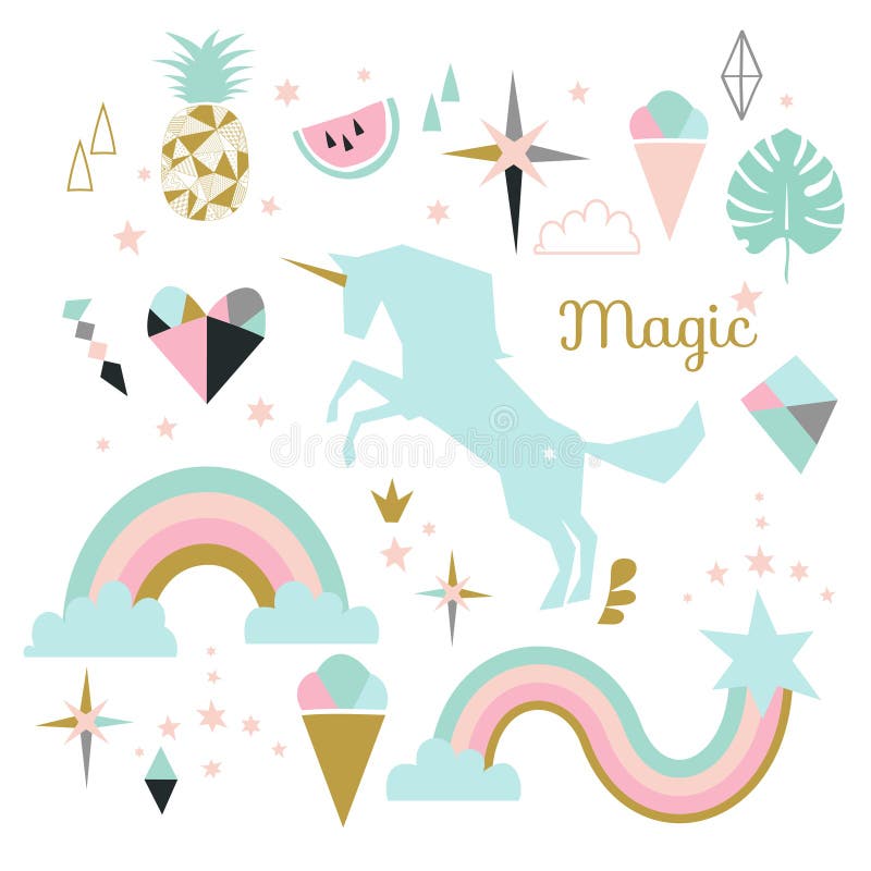 Unicorn Magic Element Set. Isolated Vector Objects, Flat Design Stock ...