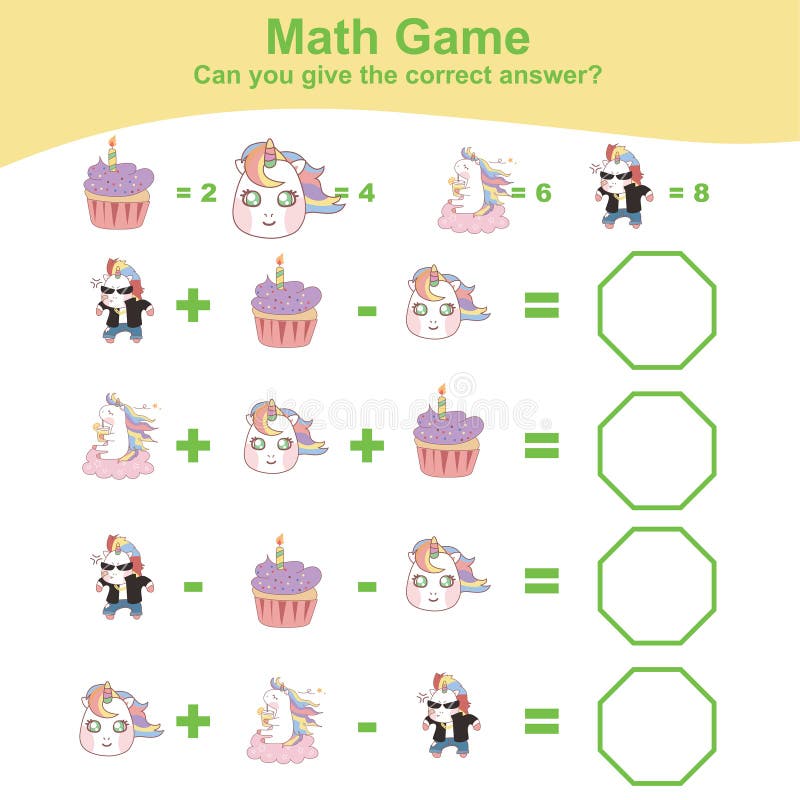 Unicorn Math Game Worksheet Stock Vector - Illustration of majestic ...