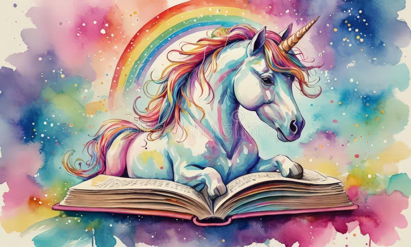 Unicorn Reading Book with Rainbow in the Background Stock Illustration ...