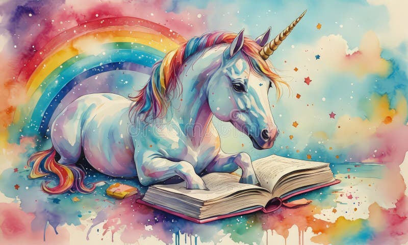 Unicorn Reading Book with Rainbow Background Stock Illustration ...