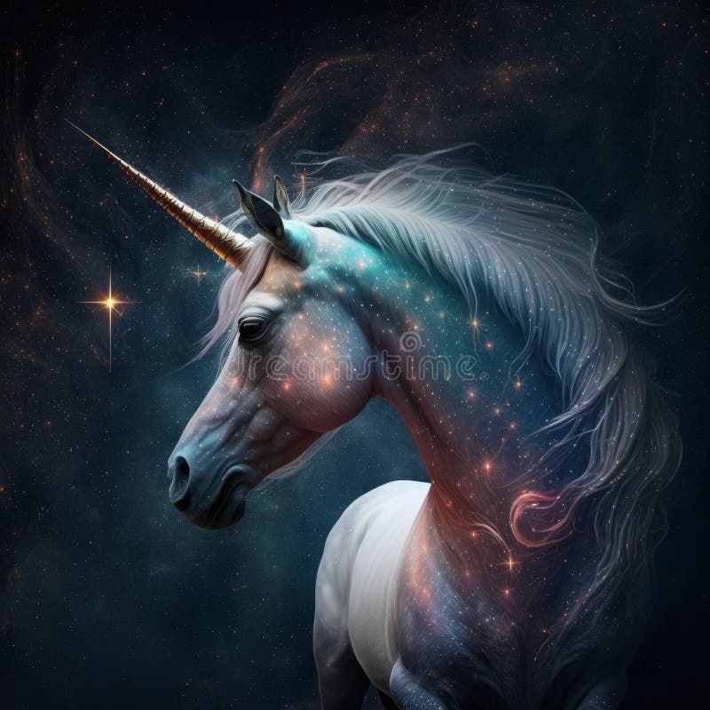 Unicorn in Space with Stars and Fire Effect. Fantasy Illustration ...