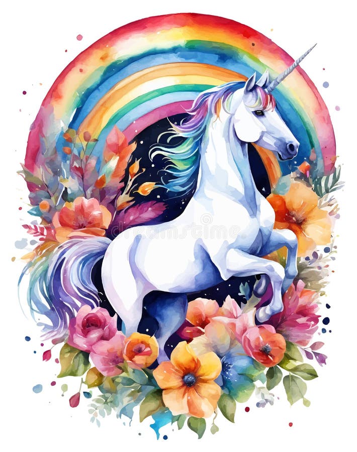 Unicorn in Wreath of Flowers. Watercolor Illustration. Stock Vector ...