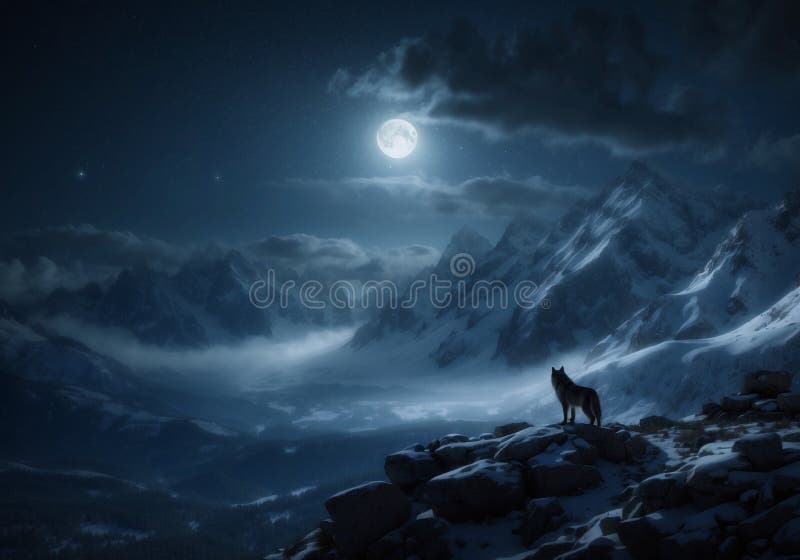 Silent Night: Lone Wolf Beneath Full Moon and Starry Sky in Frozen ...