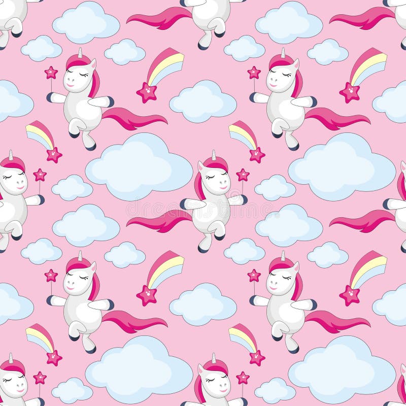 Seamless Pattern With Cute Unicorns Stars And Moon Vector