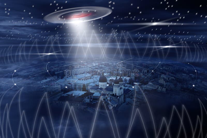 Unidentified Flying Object Over the Night City. UFO with Light Rays ...