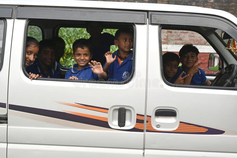 Unidentified Students in Uniform Go Back Home by School Bus after ...