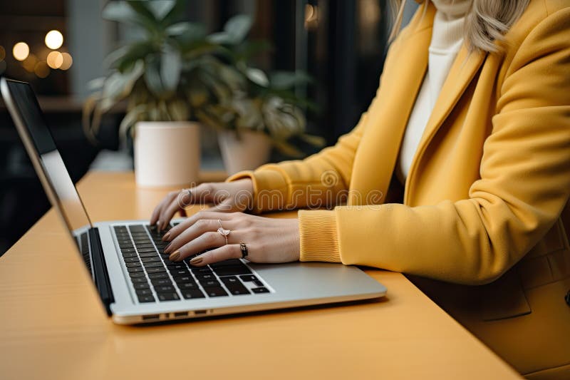 An Unidentified Young Girl in a Yellow Jacket is Typing on a Laptop ...