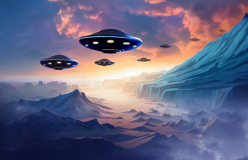 Unidentify Flying Object Fly Over Blue Mountains in Evening, AI ...