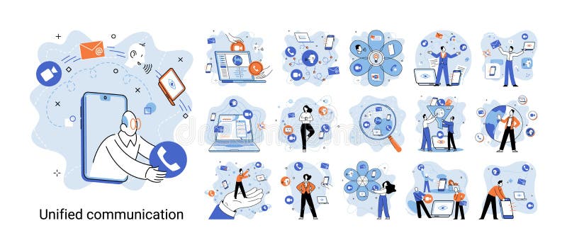 Unified Communication Concept Metaphor. Characters Use Wireless ...