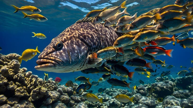 Unified in Motion: a Neptune Grouper Navigating a School of Fish Stock ...