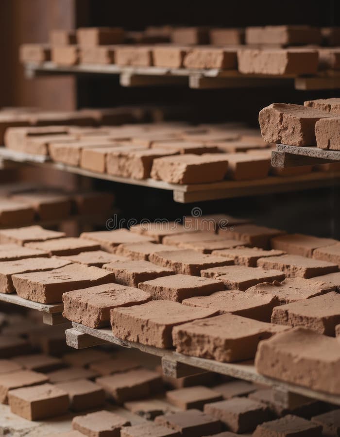 Uniform Clay Blocks Arranged on Drying Racks in a Brick Workshop Stock ...