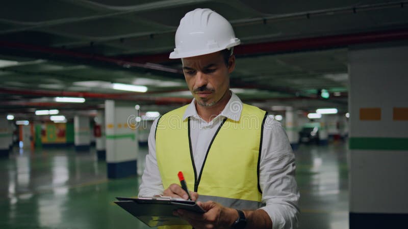 Uniform Man Putting Notes at Underground Space Closeup. Serious Foreman ...