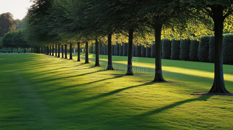 Uniform Row of Trees Cast Shadows in a Green Park, Symmetrical and ...