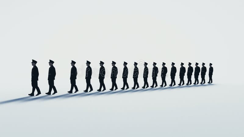 Uniformed Figures Walk in Single File Across a Stark, Minimalistic ...