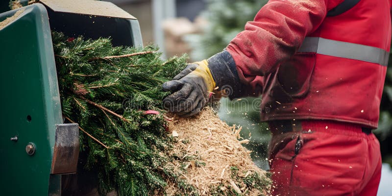 A Uniformed Man Inserts a Christmas Tree into a Wood Chipper Machine ...